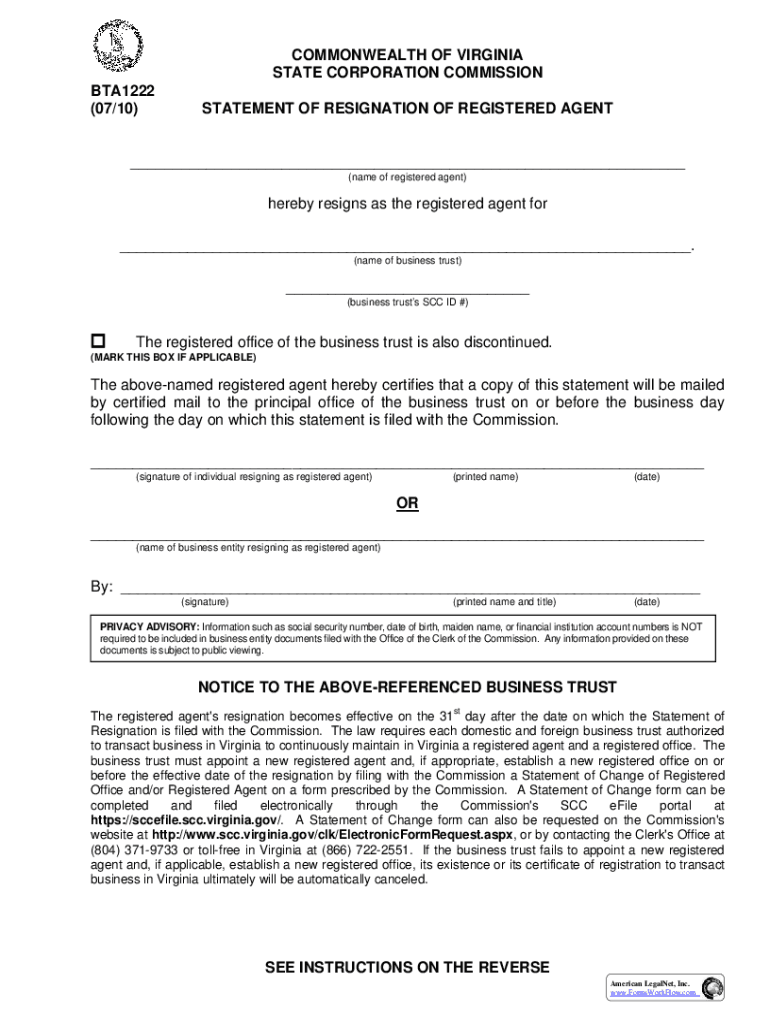 Fillable Online www.scc.virginia.govbta1222INSTRUCTIONS TO FORM BTA1222 STATEMENT OF RESIGNATION ...