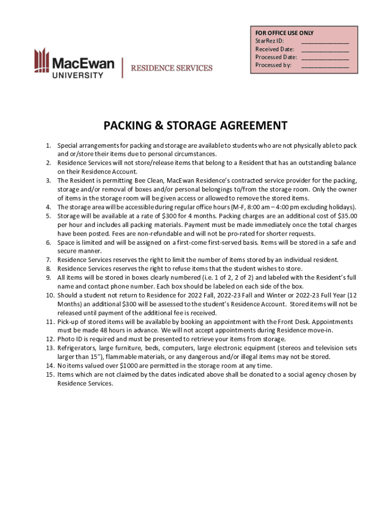 Fillable Online Packing Storage Agreement - MacEwan Residence. Packing ...