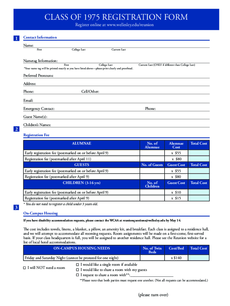 Fillable Online CLASS OF 1975 REGISTRATION FORM Wellesley College Fax ...