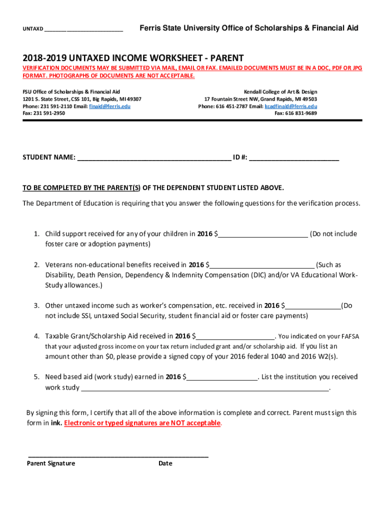 Fillable Online 2018-2019 UNTAXED INCOME WORKSHEET - PARENT - Ferris ...