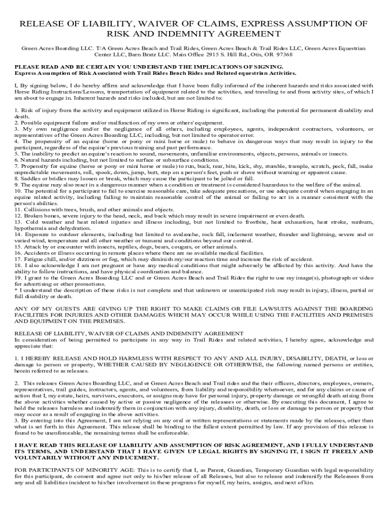 Fillable Online Pima Arizona Waiver, Assumption of Risk and Release of ...