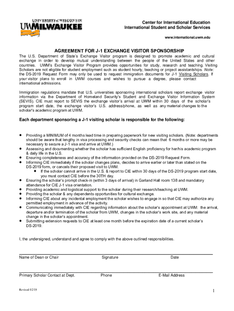 Fillable Online 1 AGREEMENT FOR J-1 EXCHANGE VISITOR SPONSORSHIP Fax Email Print - pdfFiller