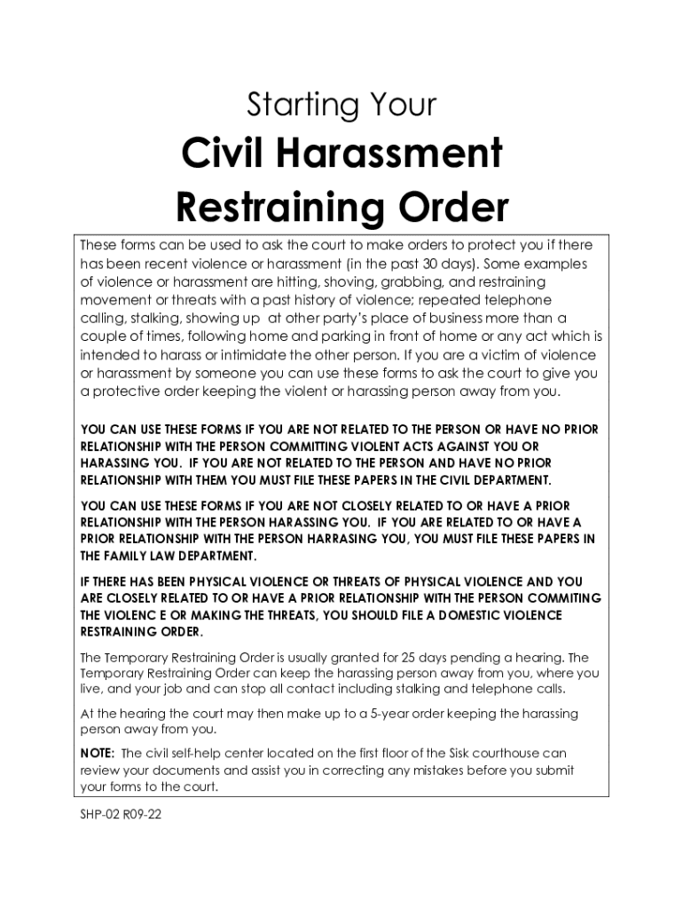 Fillable Online Starting Your Civil Harassment Restraining Order ...