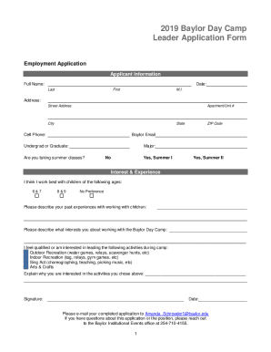 Fillable Online www.baylor.edueventsdoc2019 Baylor Day Camp Leader ...