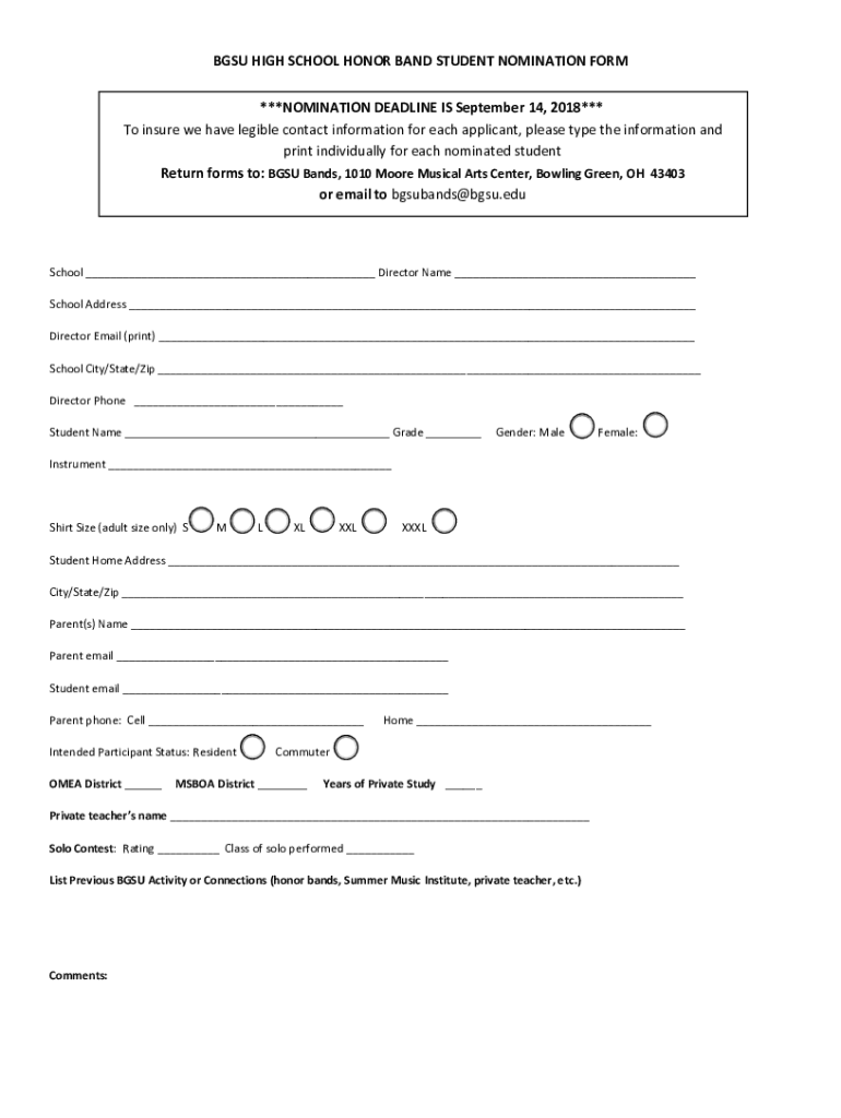 Fillable Online bgsu high school honor band student nomination form Fax Email Print - pdfFiller
