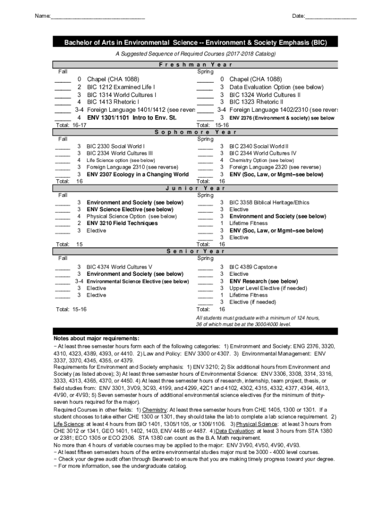 Fillable Online Bachelor of Environmental Science / Bachelor of ...
