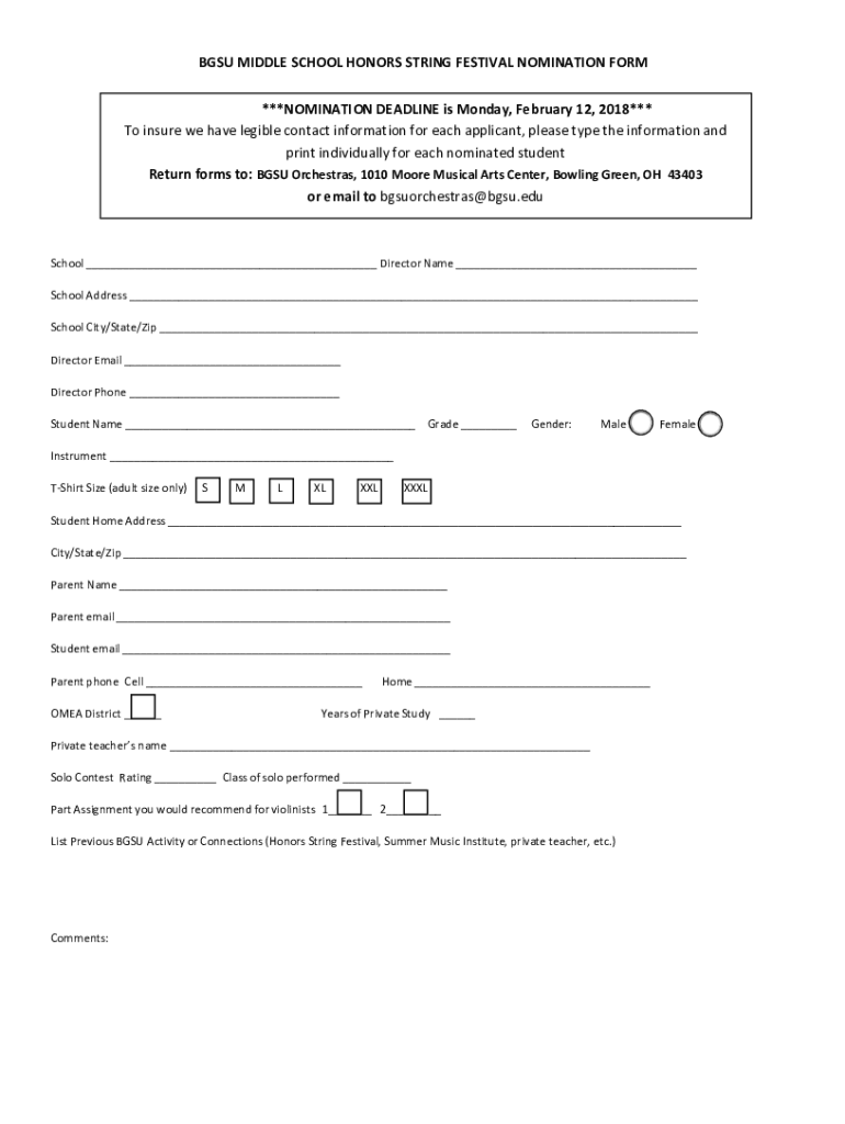 Fillable Online bgsu middle school honors string festival nomination form Fax Email Print ...