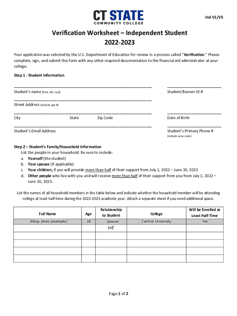 Fillable Online 2022-2023 Verification Worksheet Independent Student - SPHP Fax Email Print ...