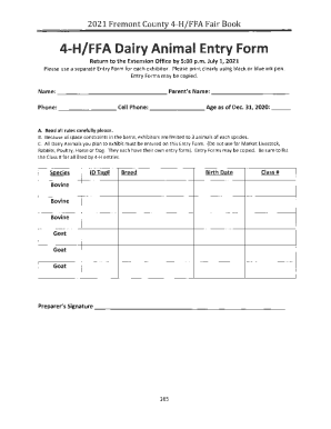 Fillable Online 4-H/FFA Dairy Animal Entry Form - Fremont County ...