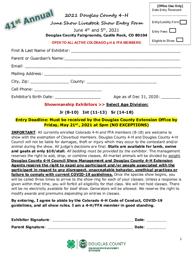 Fillable Online 2021 Douglas County 4-H June Show Livestock Show Entry ...