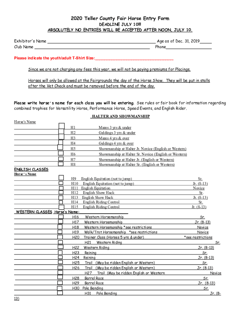 Fillable Online 2020 Teller County Fair Horse Entry Form - Teller ...