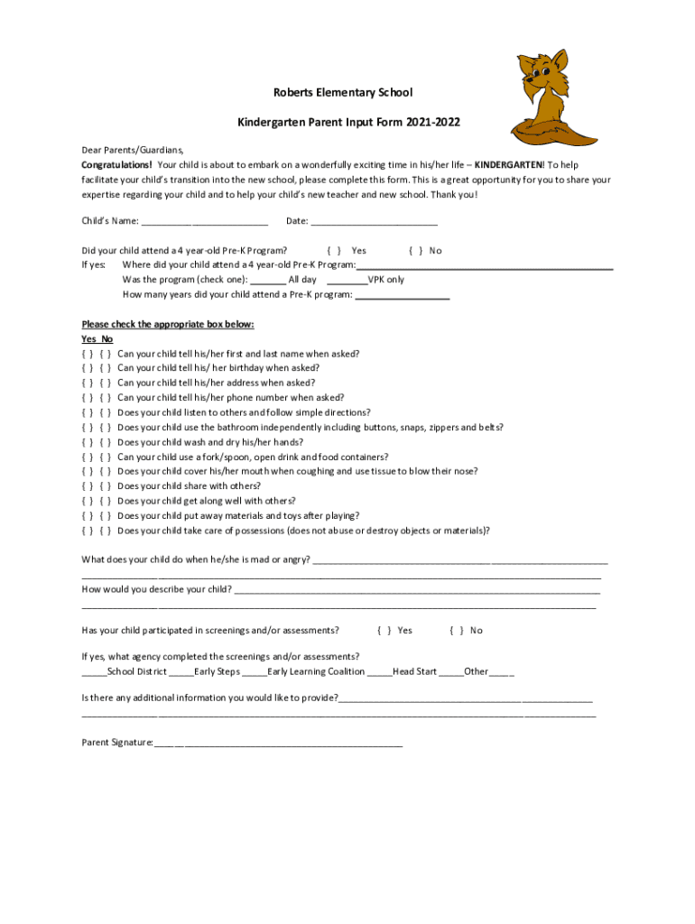 Fillable Online Roberts Elementary School Kindergarten Parent Input ...