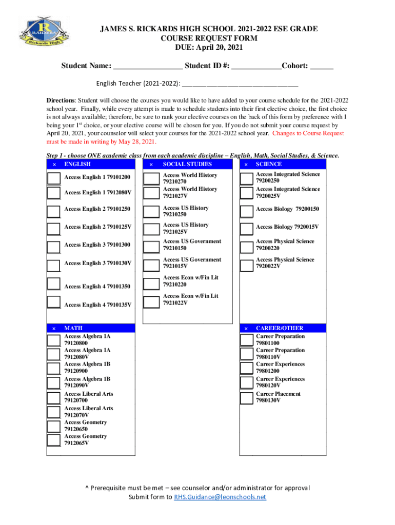 Fillable Online james s. rickards high school 2021-2022 ese grade Fax ...