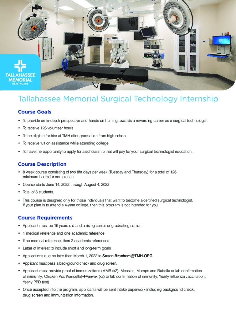 Fillable Online Tallahassee Memorial Surgical Technology Internship ...