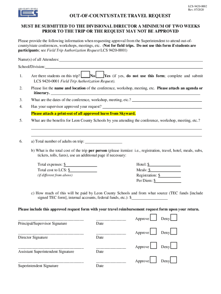 Fillable Online OUT OF STATE TRAVEL REQUESTS - Leon County Schools Fax ...