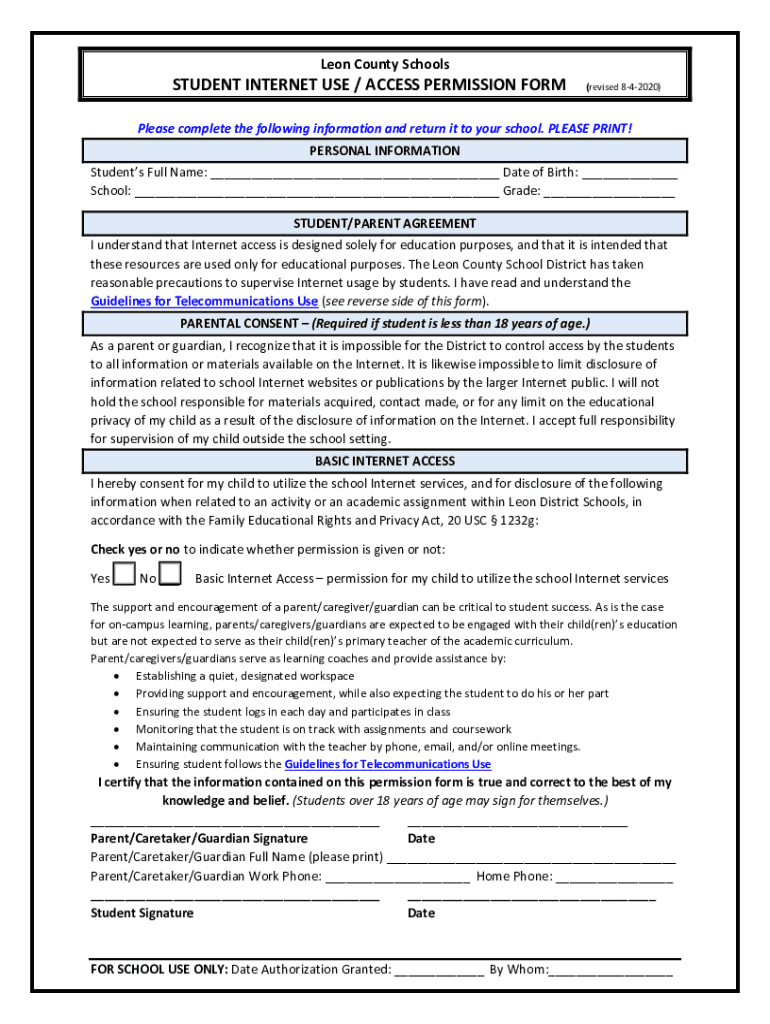Fillable Online STUDENT INTERNET USE / ACCESS PERMISSION FORM (revised ...