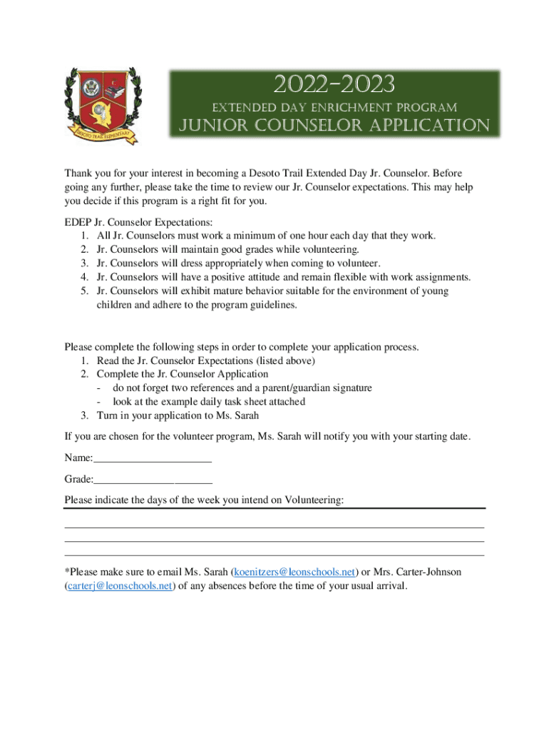 Fillable Online JUNIOR COUNSELOR APPLICATION - Leon County Schools Fax Email Print - pdfFiller