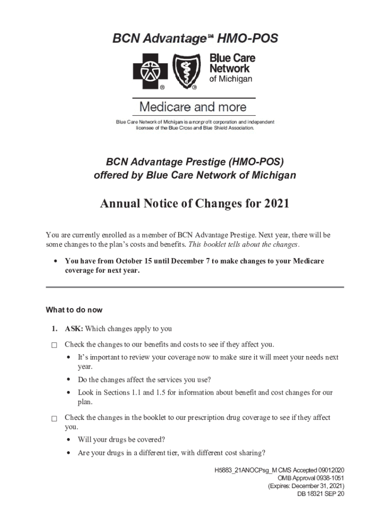 Fillable Online Blue Care Network of Michigan BCN Advantage Prestige ...