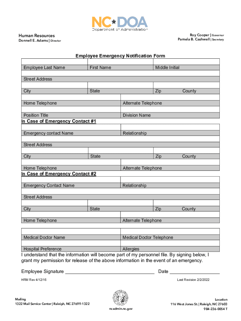 Fillable Online Employee Emergency Notification Form In Case of ...