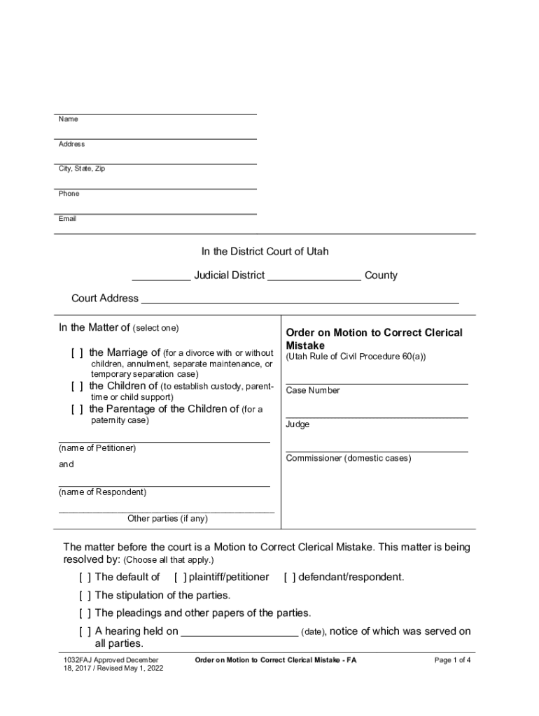 Fillable Online Order on Motion to Correct Clerical Mistake - Utah ... Fillable Online Order on Motion to Correct Clerical Mistake - Utah ...