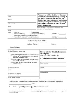 Fillable Online Motion to Delay (Stay) Enforcement of Judgment - Utah ...