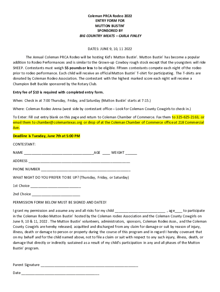 Fillable Online Coleman PRCA Rodeo 2022 ENTRY FORM FOR MUTTON BUSTIN ...