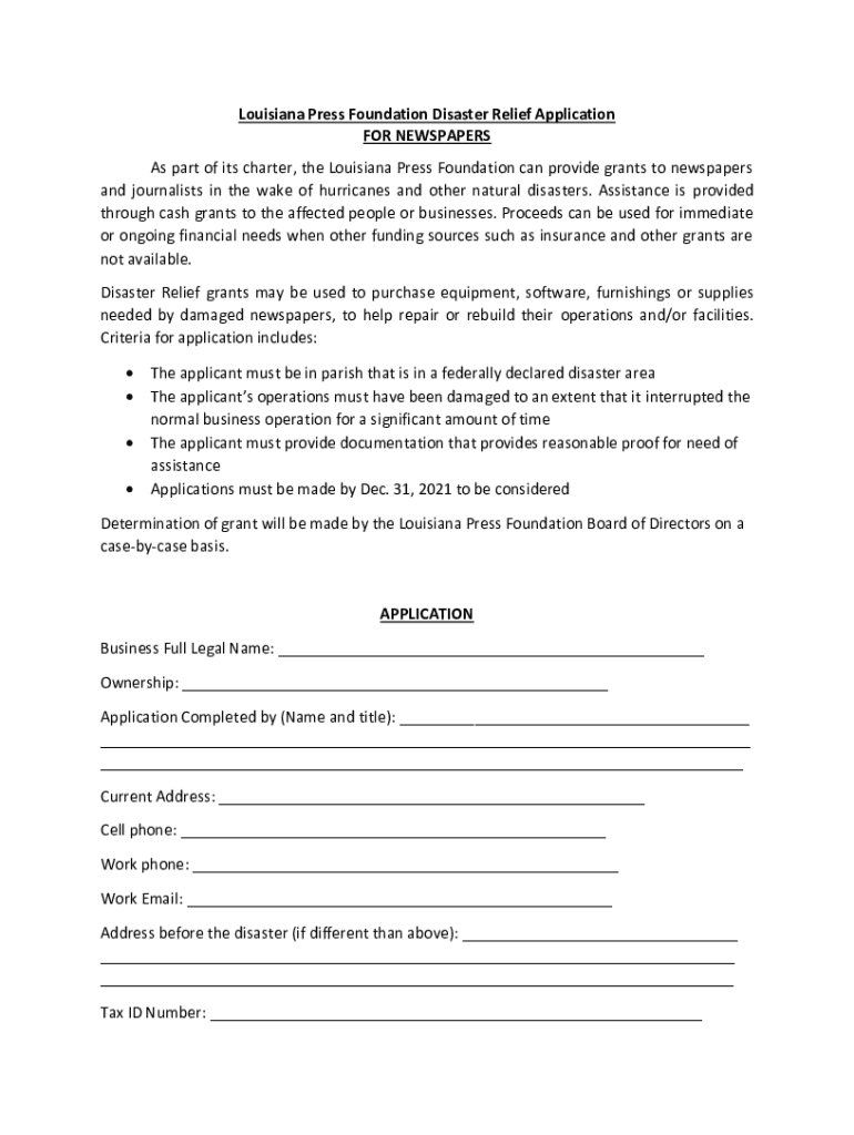 Fillable Online Louisiana Press Foundation Disaster Relief Application ...