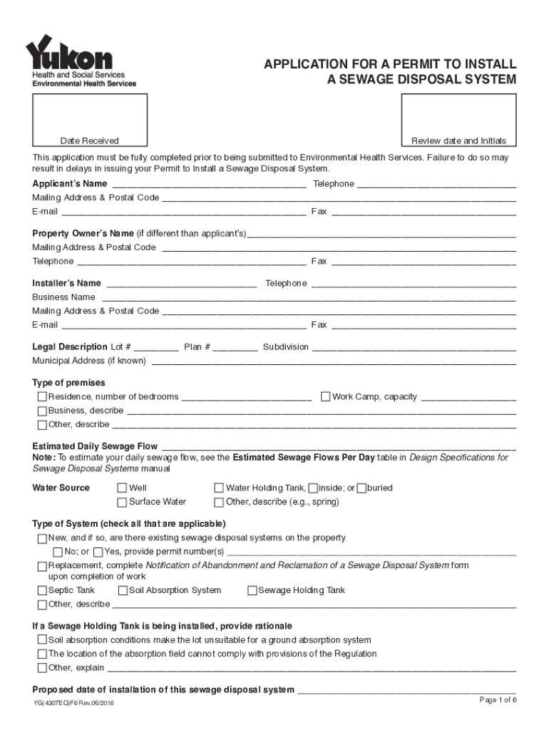 Fillable Online APPLICATION FOR A PERMIT TO INSTALL A SEWAGE DISPOSAL ...
