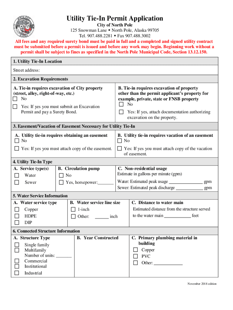 Fillable Online Utility Tie-In Permit Application - North Pole, Alaska ...