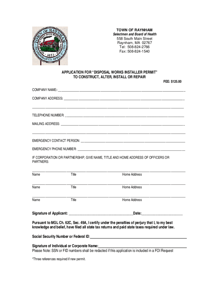 Fillable Online Application for Disposal Works Installers Permit to Construct, Alter, Install or ...