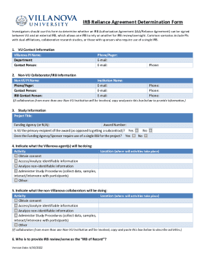 Fillable Online www1 villanova IRB Reliance Agreement Determination ...