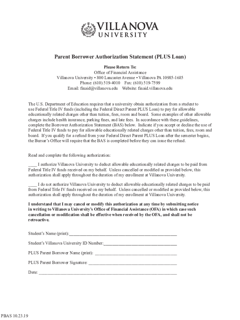 Fillable Online www1 villanova Parent Borrower Authorization Statement (PLUS Loan) Fax Email ...