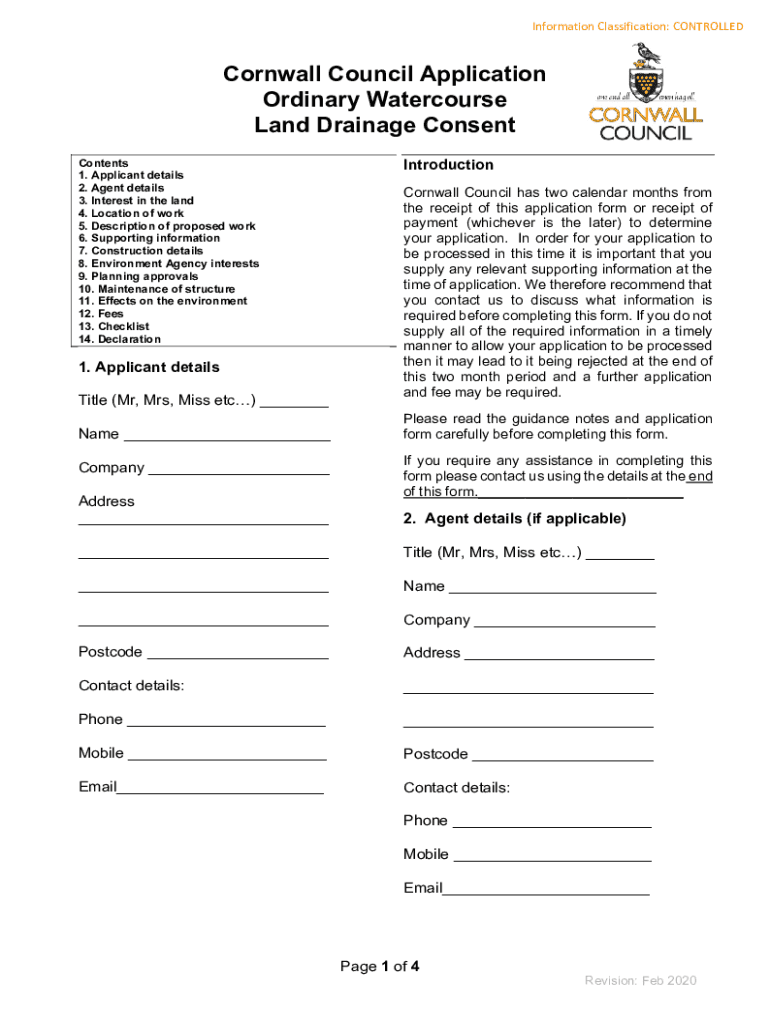Fillable Online Cornwall Council Authority Application for Ordinary ...