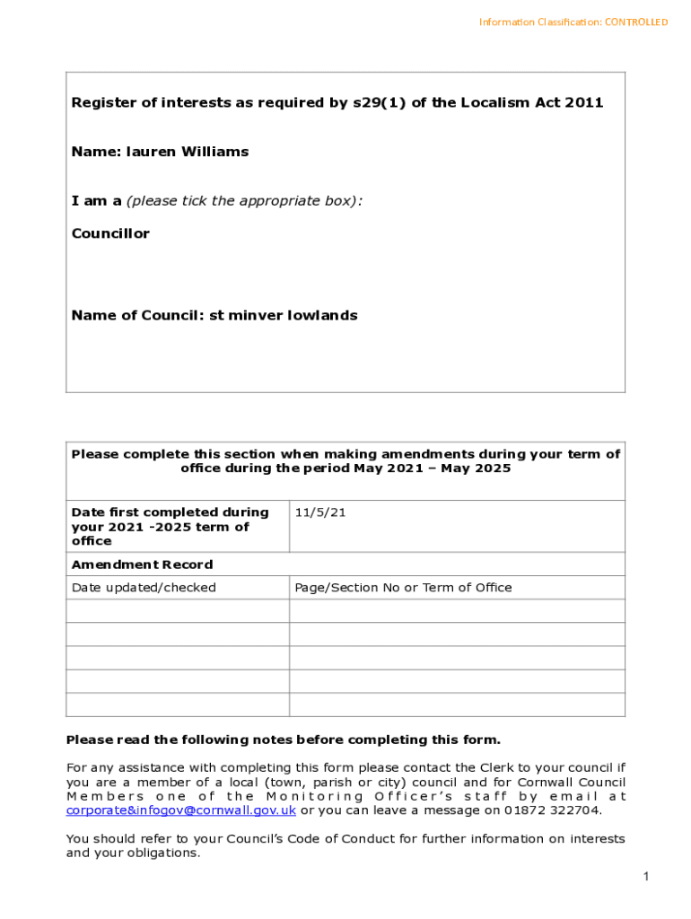 Fillable Online Register of Interests form for all Councillors and non ...