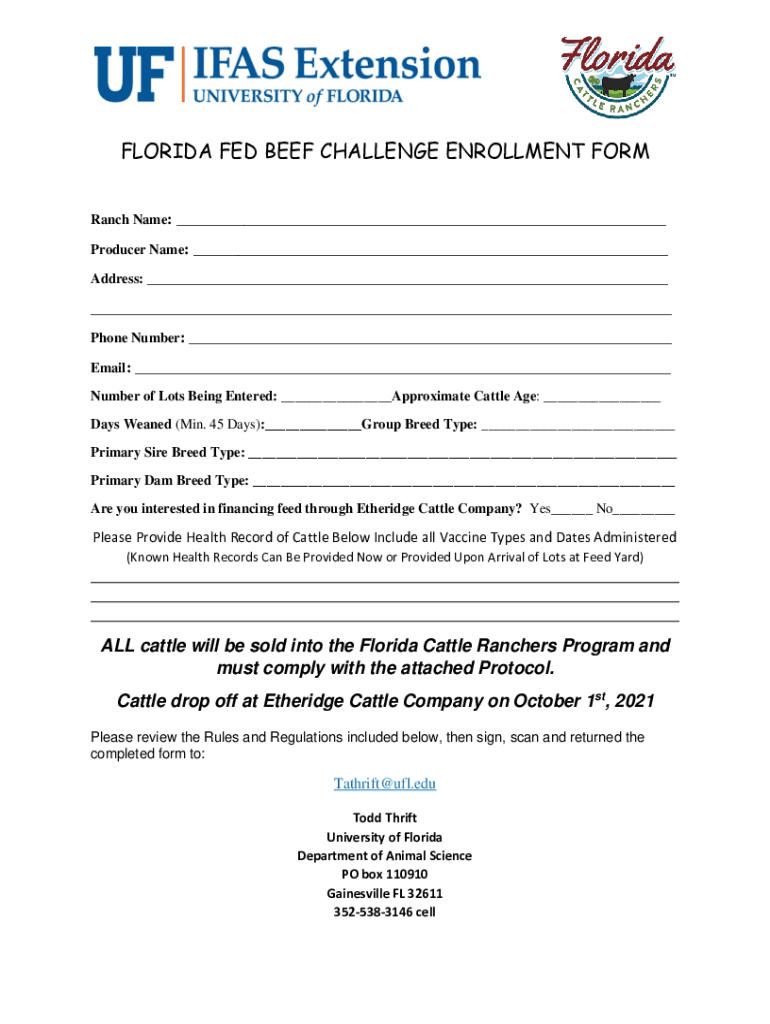 Fillable Online nwdistrict ifas ufl FLORIDA FED BEEF CHALLENGE ENROLLMENT FORM - University of ...