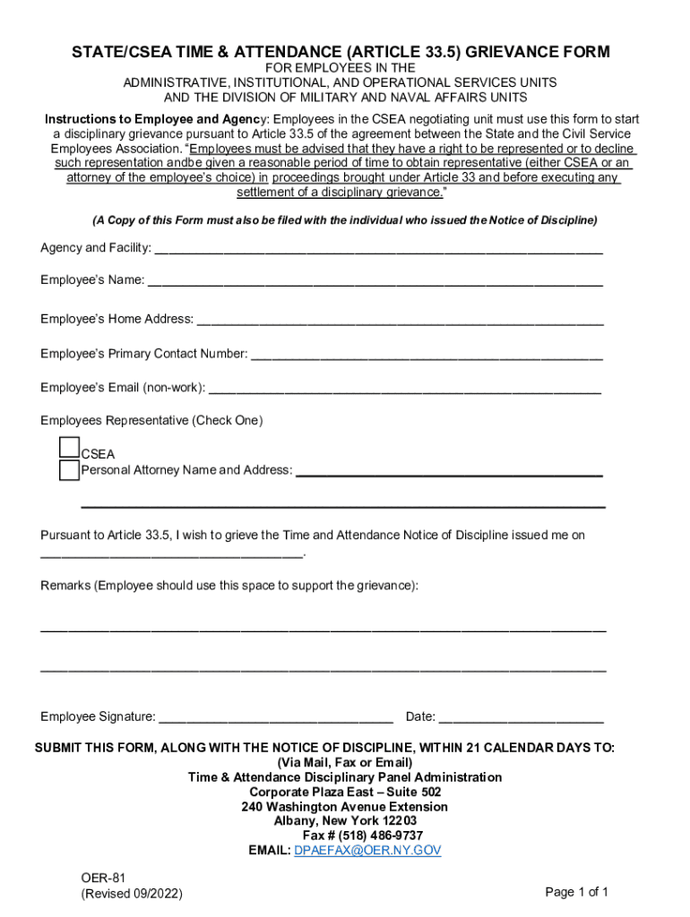 Fillable Online STATE/CSEA TIME & ATTENDANCE (ARTICLE 33.5) GRIEVANCE ...