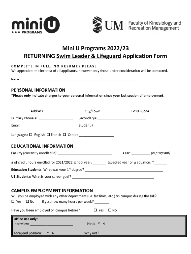 Fillable Online www.umanitoba.casitesdefaultMini U Programs NEW Swim ...
