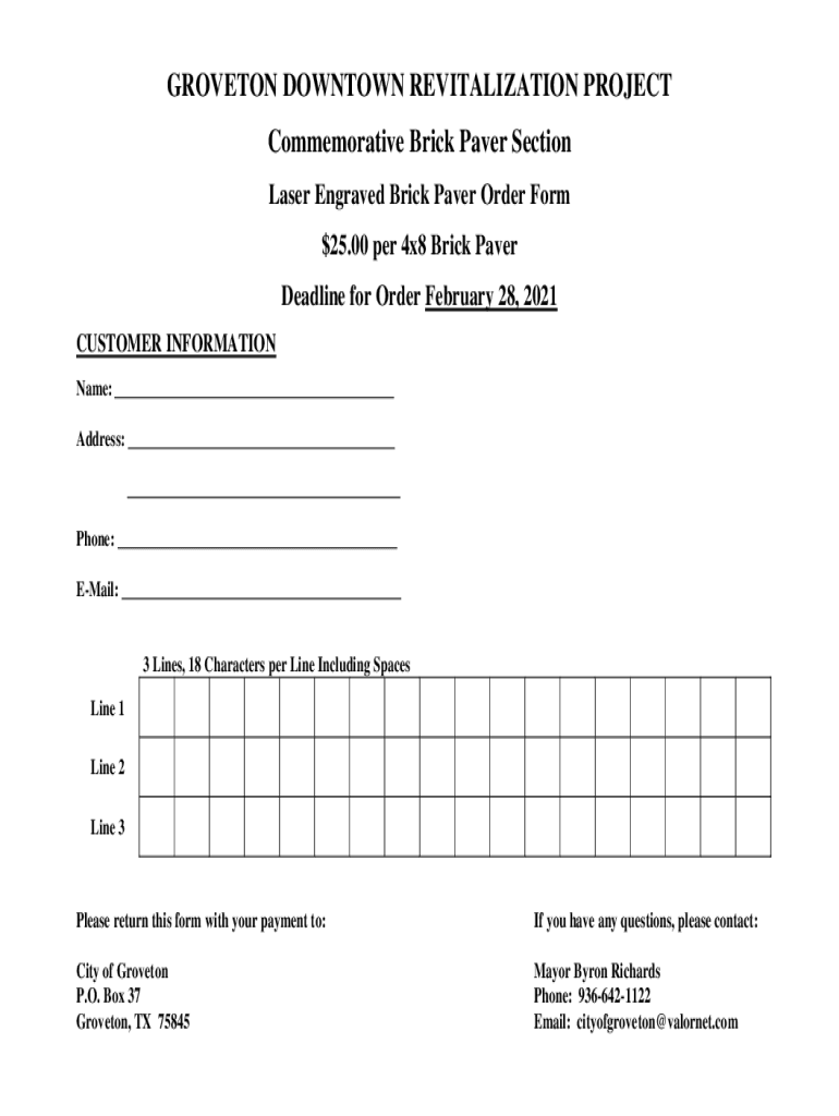 Fillable Online GROVETON DOWNTOWN REVITALIZATION PROJECT Commemorative Brick Paver Section Fax ...