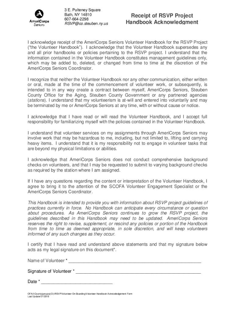 Fillable Online Receipt of RSVP Project Handbook Acknowledgment Fax ...