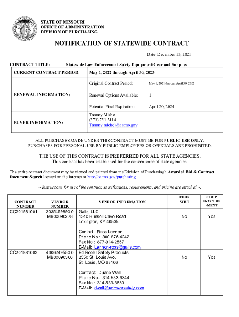 Fillable Online archive.oa.mo.gov purch noaNOTIFICATION OF STATEWIDE ...