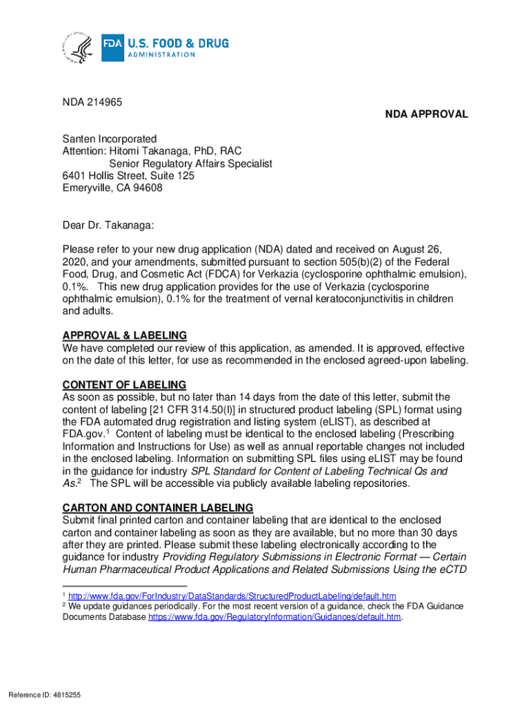Fillable Online Verkazia () Approval Letter - Accessdata.fda.gov Fax ...