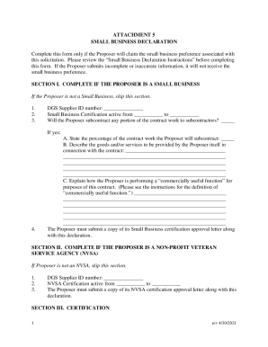 Fillable Online ATTACHMENT 5 SMALL BUSINESS DECLARATION SECTION I ...