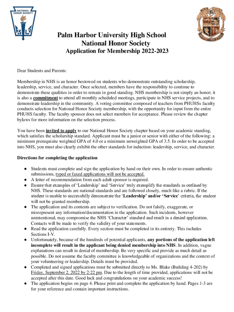 Fillable Online Palm Harbor University High School National Honor Society Application ... Fax ...