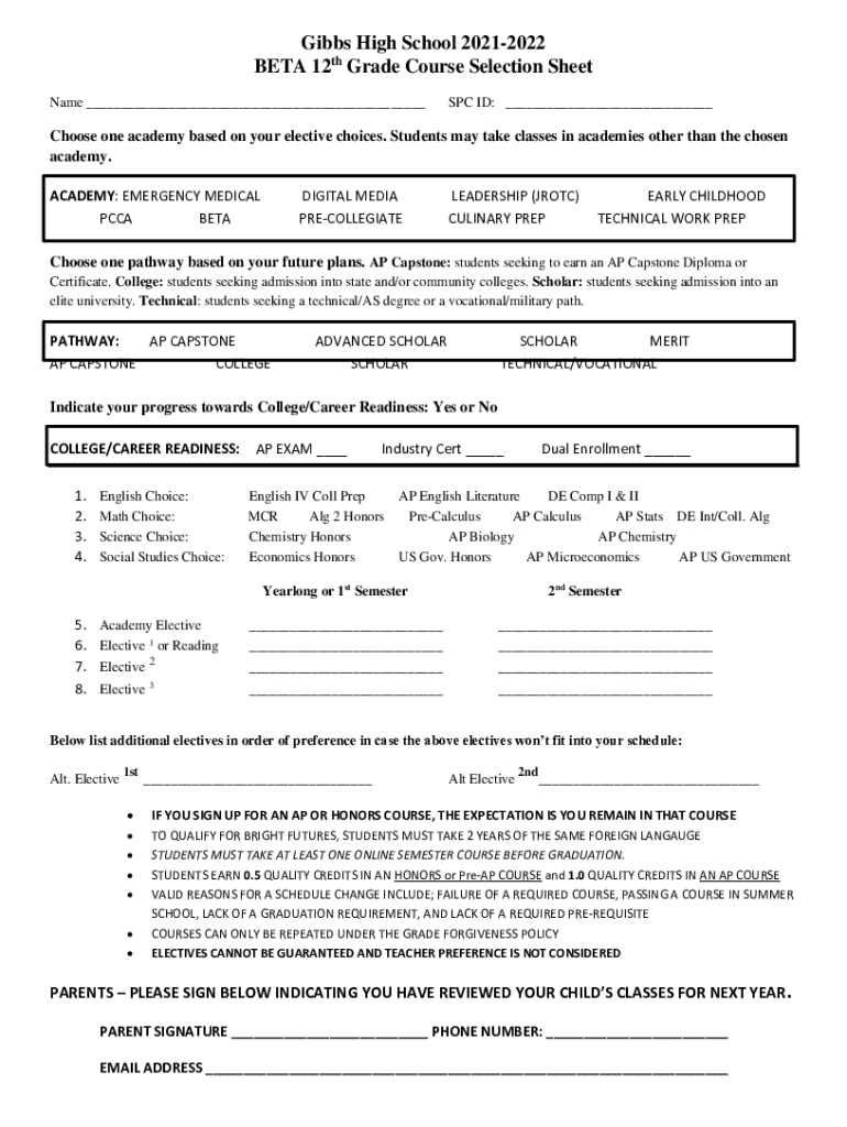 Fillable Online Gibbs High School 2021-2022 BETA 12th Grade Course Selection ... Fax Email Print ...