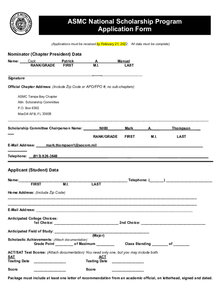 Fillable Online fl01903687.schoolwires.netcmslibASMC National Scholarship Program Application ...