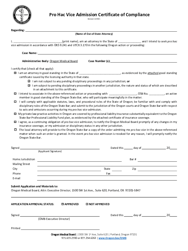 Fillable Online Pro Hac Vice Admission Certificate of Compliance ...