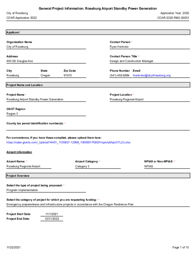 Fillable Online General Project Information: Roseburg Airport Standby Power Generation Fax Email ...