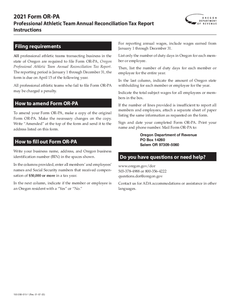 Fillable Online Form OR-PA, Oregon Professional Athletic Team Annual ...
