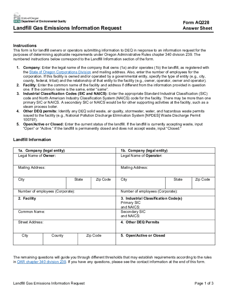 Fillable Online Landfill Gas Emissions Information Request - Oregon.gov ...