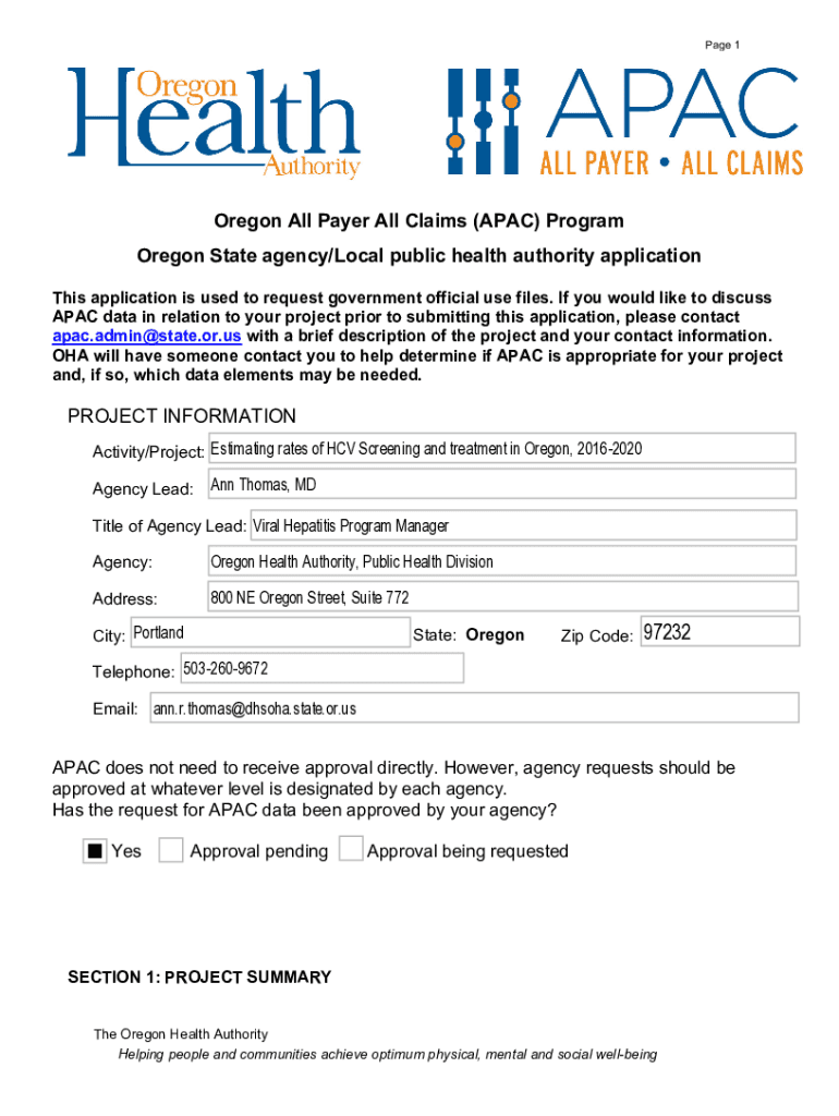 Fillable Online Oregon All Payer All Claims (APAC) Program Oregon State ...